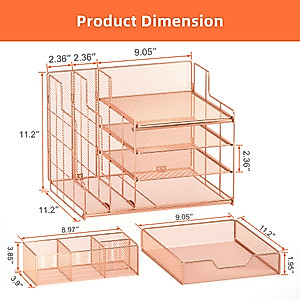 VIVSOL Rose Gold Desk Organizer, Desk Organizers and Office Desk Accessories with Drawer + Vertical File Sorters, Office Supplies for Women, Desk File Organizer Storage for Office, School, Home
