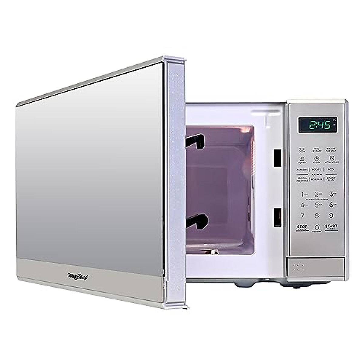 Total Chef Compact Countertop Microwave Oven, 700W, 0.7 Cubic Feet Capacity, Digital Touchscreen Controls, One-Touch Push-Button Opening, 6 Pre-Set Cooking Modes, Silver Stainless Steel