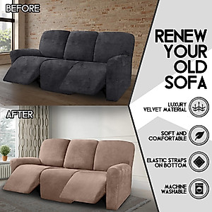 ULTICOR Velvet 8-Pieces Recliner Sofa Covers Stretch Reclining Couch Covers for 3 Cushion Reclining Sofa Slipcovers Furniture Covers Thick Soft Washable (3 Seater Recliner Cover, Sand)