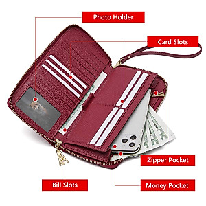 FOXLOVER Leather Zip Around Wallets for Women, Genuine Leather RFID Blocking Gift Box Packing 17 Card Slots Ladies Long Purses with Zipper Coin Pocket Women's Clutch Wallets with Wristband (Blue)