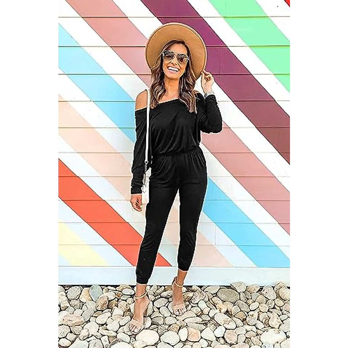 PRETTYGARDEN Women's Casual Long Sleeve Jumpsuit Crewneck One Off Shoulder Elastic Waist Stretchy Romper with Pockets