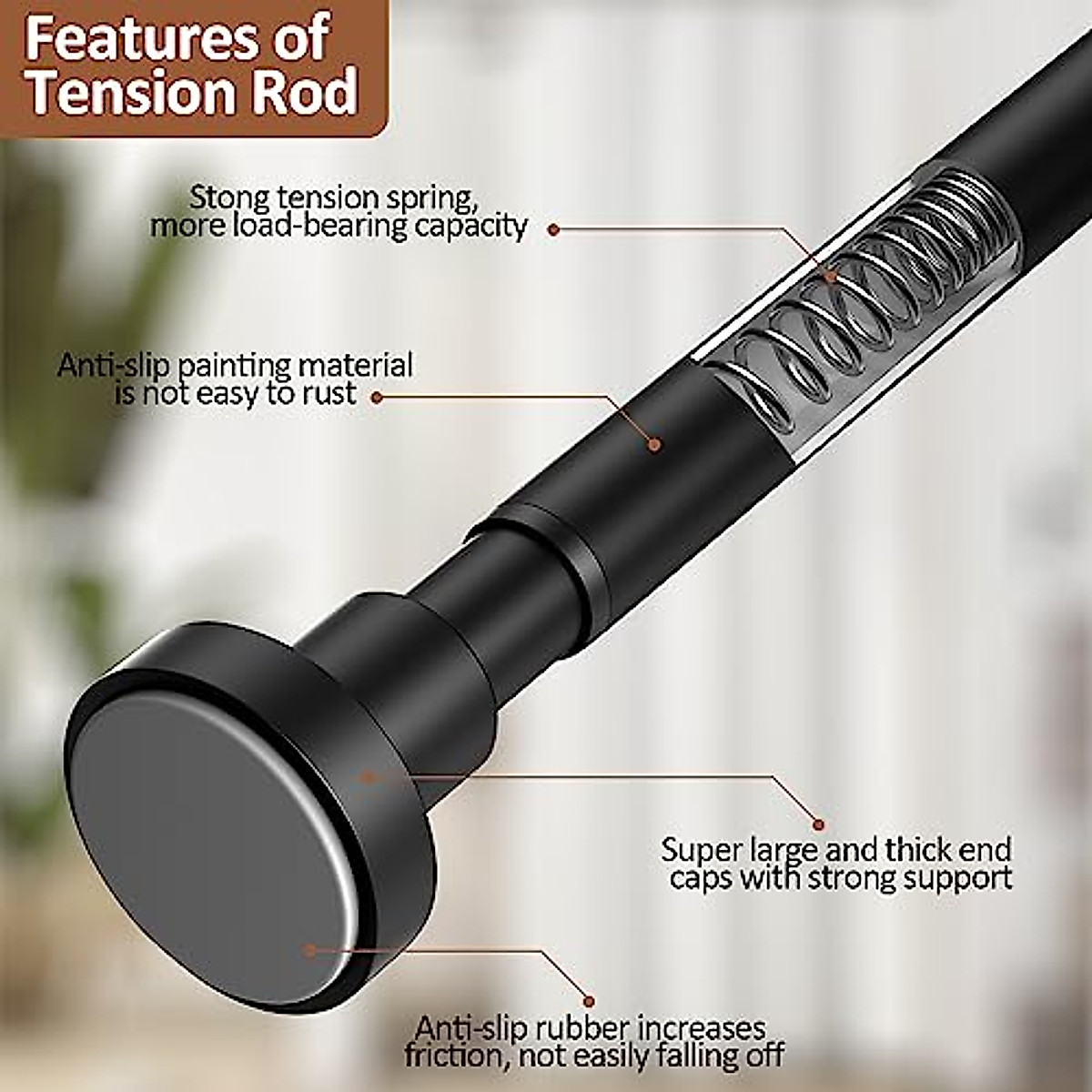 BRIOFOX Shower Curtain Rod Adjustable 75-89 Inch, Spring Tension Shower Rod No Drilling Non Slip, Matte Black