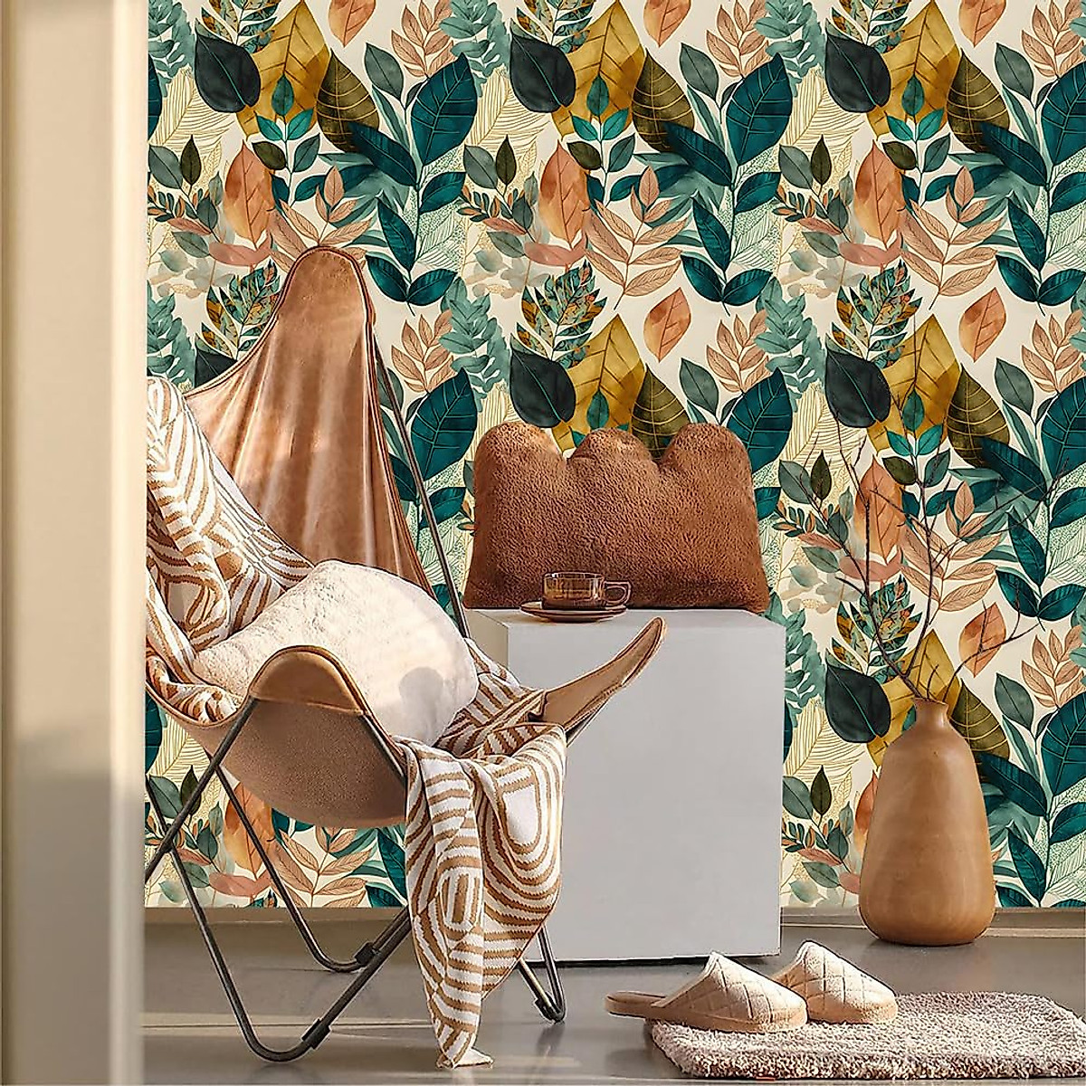 MuralPeel Boho Brown/Green/Yellow Leaf Botanical Plants Peel and Stick Wallpaper Vintage Easy Peel Off Contact Paper Self Adhesive Removable Stick on Wall Paper for Kitchen Cabinet Renter Friendly