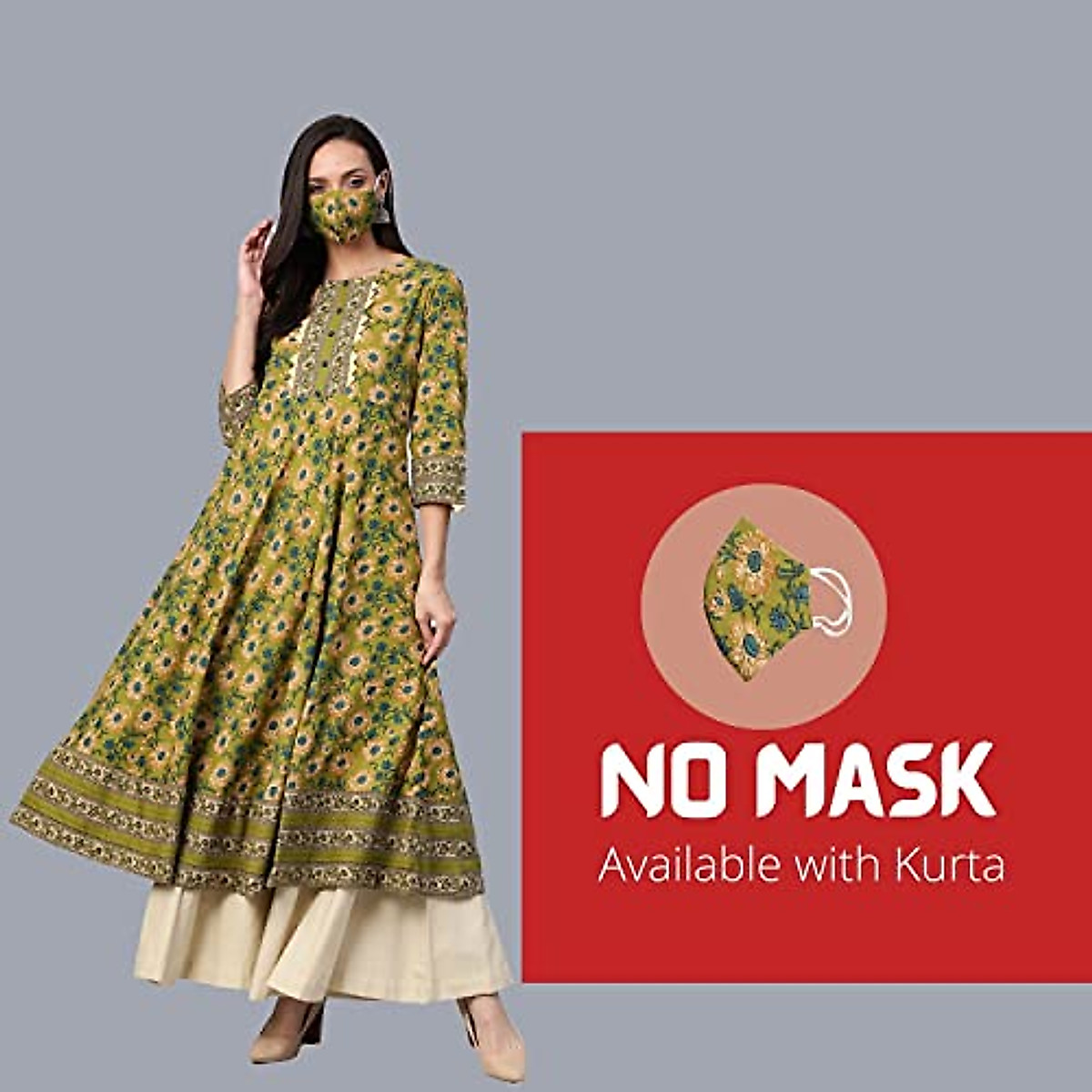 Yash Gallery Printed Yoke Design Cotton Anarkali Kurta for Women Indian Style Green