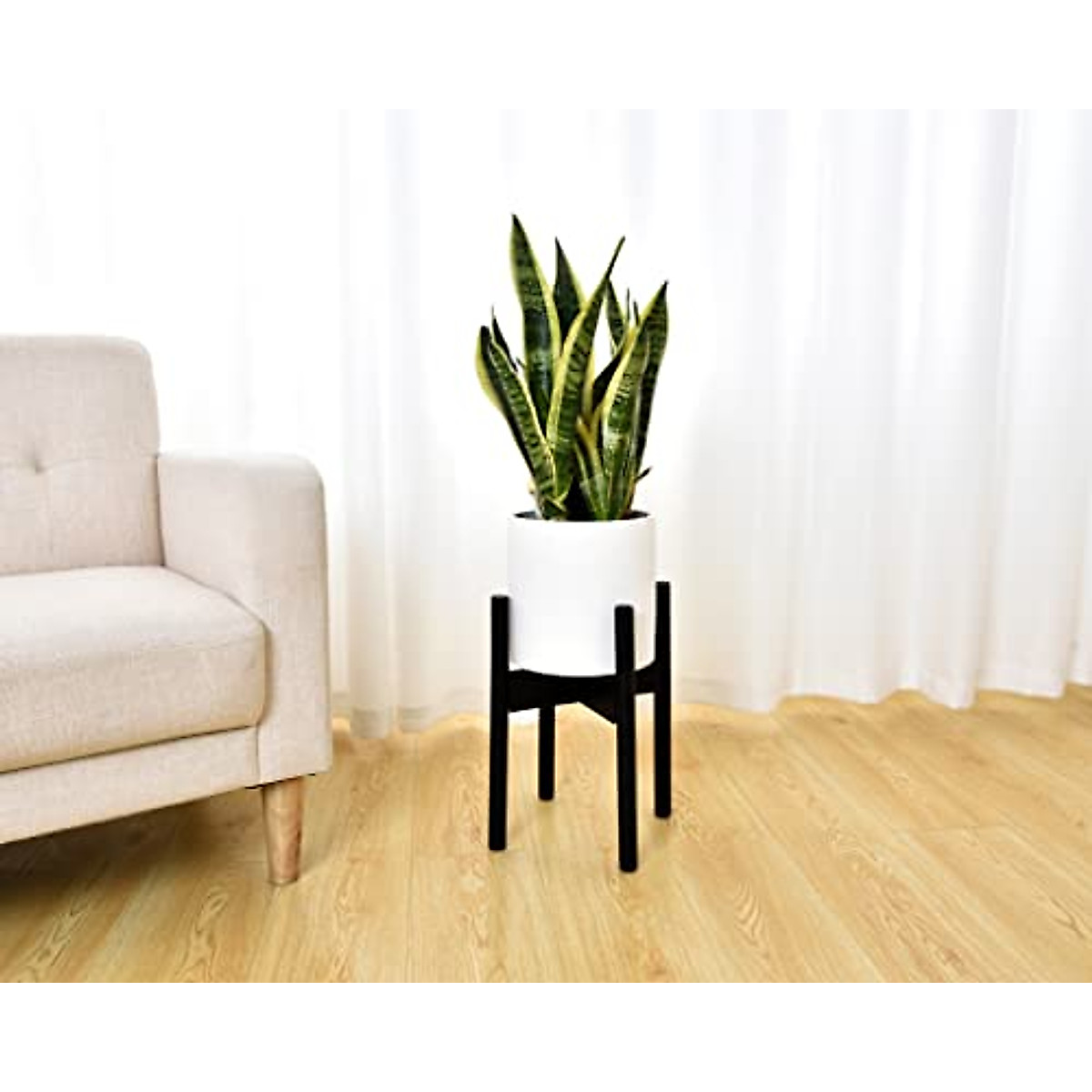AUGOSTA Bamboo Adjustable Planter Tray Included, Mid Century Modern Indoor Plant Stand, Fit 8 9 10 11 12 inch Pots, Plant Pot Not Included (Black)