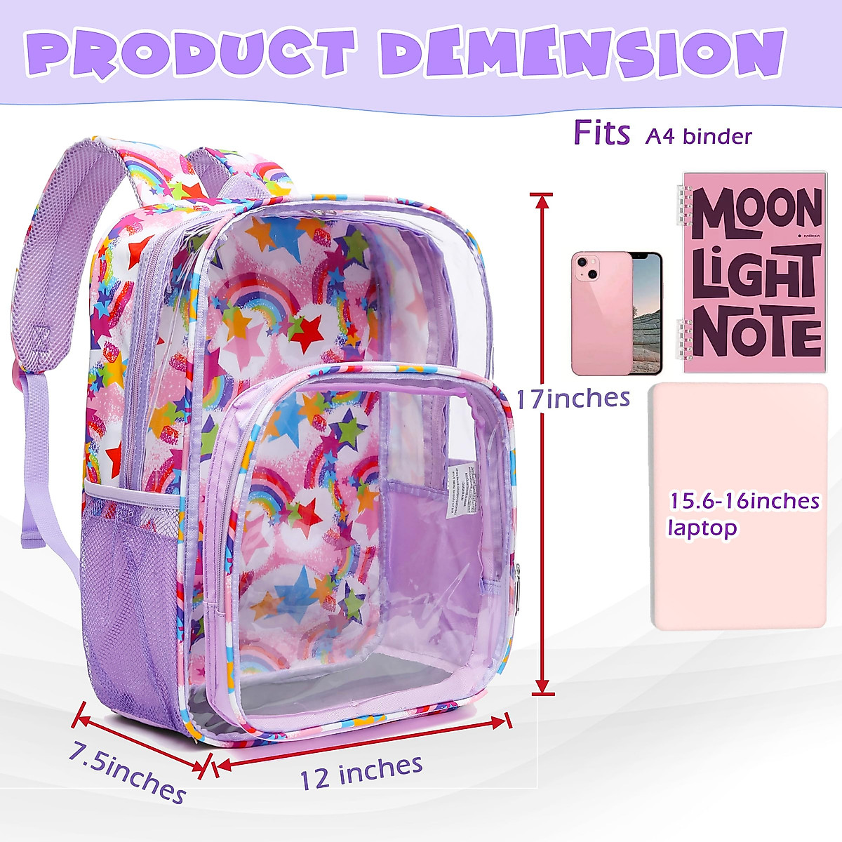 BLUEFAIRY Clear Backpack Heavy Duty PVC Transparent Backpack Clear Bag forSchool Concert Work Travel Sport Event Festival Games Venues for Adults Women Men Girls Boys with Mesh Pocket - Rainbow Star