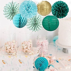 Sage-Green Teal-Blue Party-Decorations Streamers Lanterns - 14pcs Rustic Wedding Baby Shower Paper Lanterns Fan,Tissue Pom Poms Streamers,Honeycomb Balls,Birthday Bachelorette Engagement Bridal Decor Ouruola