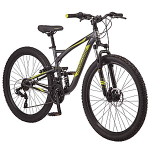 Mongoose Status 2.4 Men and Women Mountain, 27.5-Inch Wheels, 21-Speed Shifters, Aluminum Frame, Dual Suspension, Dark Silver