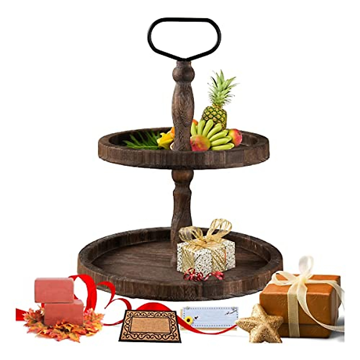 Wooden 2 Tiered Tray ––Elegant Seasonal Decor for Home - Round Serving Tray Tier for Dessert, Coffee Cups, and Garden Essentials –Brown
