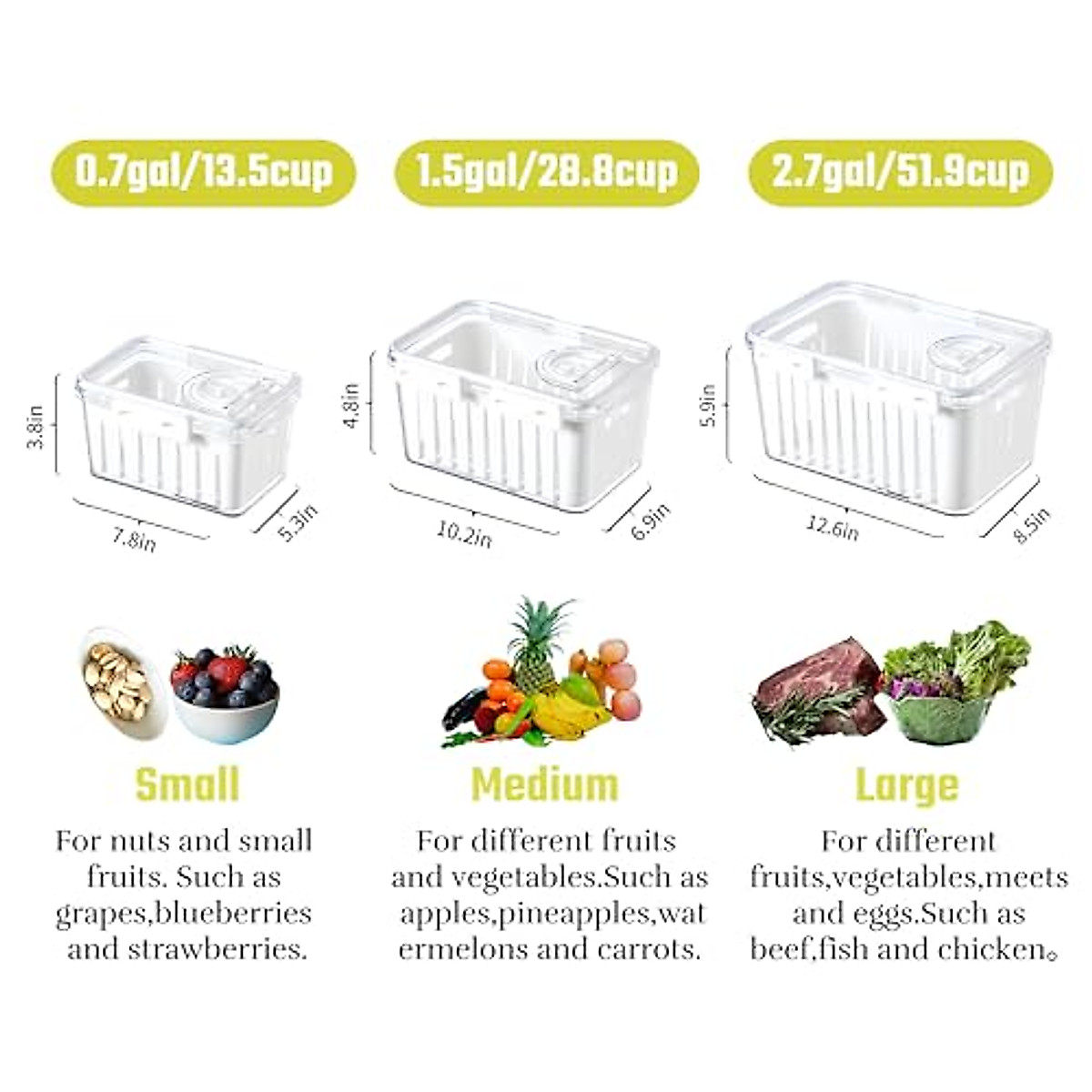 HausArtX Large Fridge Organizer Bins, Fridge Fruit Storage Containers with Removable Colander, BPA-Free, for Keeping Meat, Vegetable, Egg & Fruit Fresh (3 Packs)