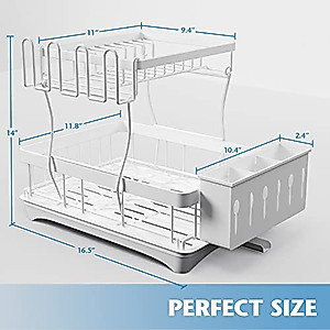 Dish Drying Rack, 2 Tier Dish Rack and Drainboard Set with Drainage, Rust-Proof 15.7" x 11.8" x 13.3" Dish Drainer with Removable Cup Holder, Utensil Holder for Kitchen Counter (White)