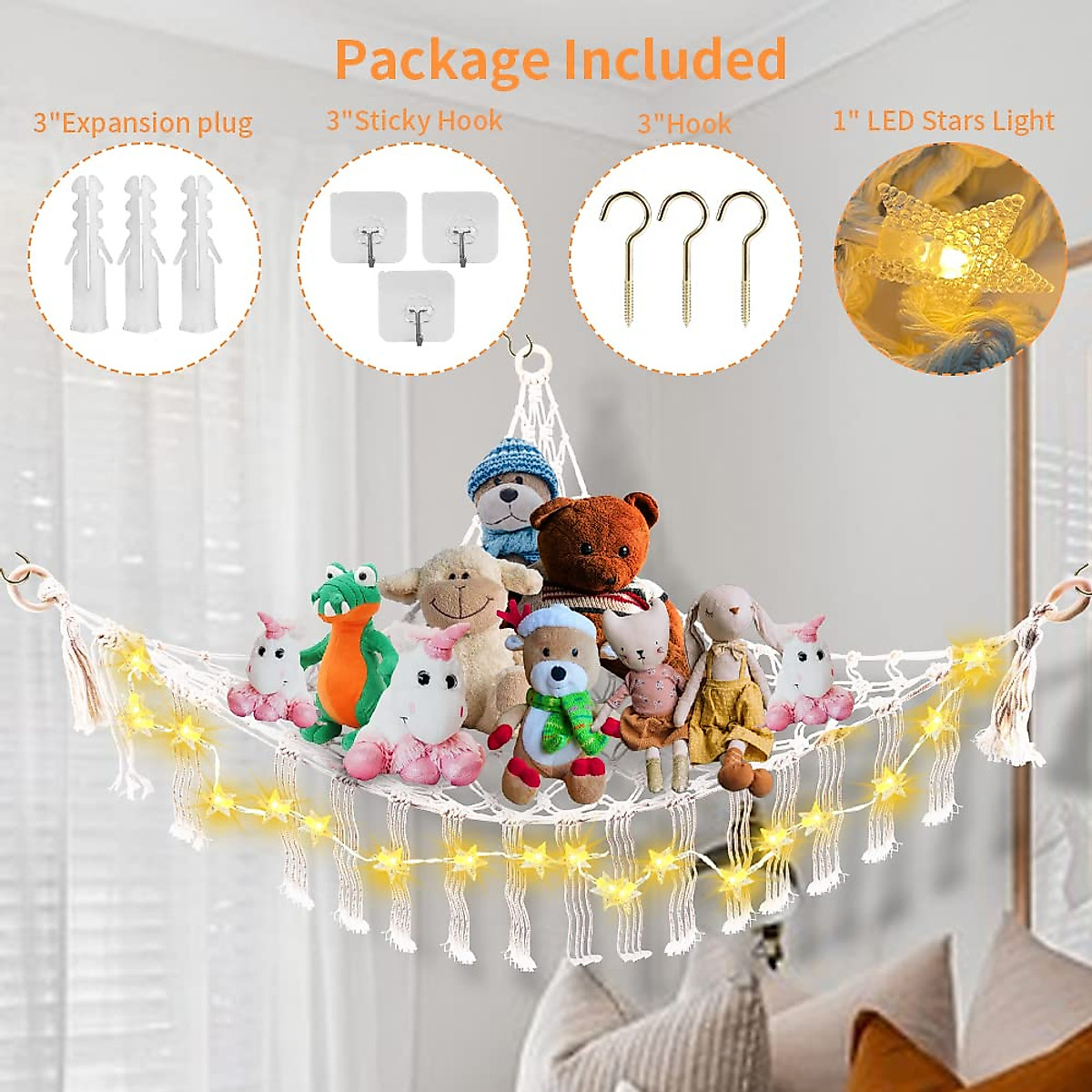 EKDJKK Stuffed Animal Hammock Macrame Plush Toy Net Hammock for Stuffed Animals with Light Pet Net for Stuffed Animals Corner Hanging Stuffed Animal Storage Holder Teddy Bear Net for Kids Room