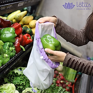 Lotus Produce Bags | 9 Count | 3 Sizes & 3 Colors | Machine Washable, Reusable, Multipurpose, Lightweight Mesh Grocery Bags | Fruits, Vegetables, Nuts, Grains | Eco-friendly Netted Reusable Mesh Bag