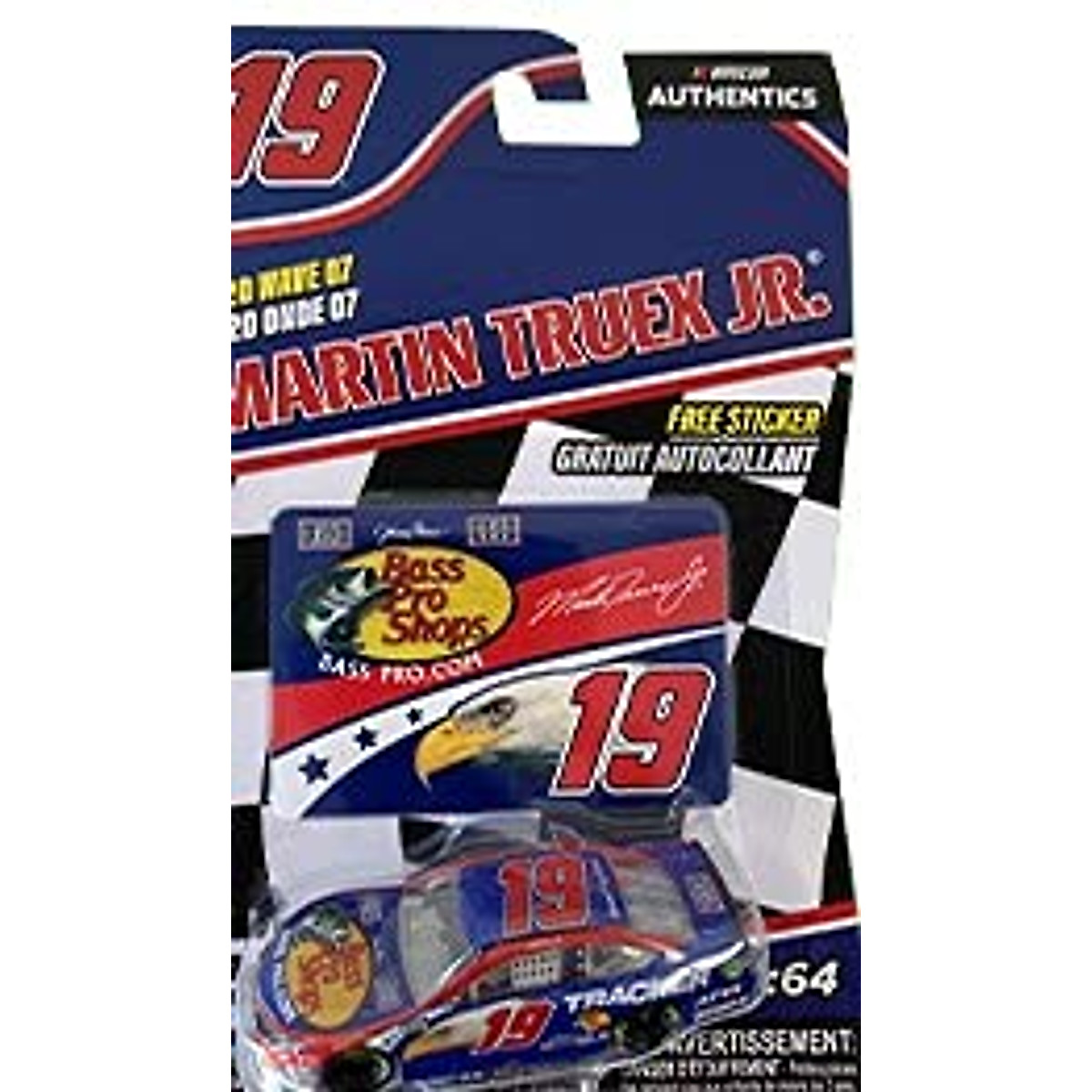 2020 Martin Truex #19 Bass USO Authentics Wave 07 Car 1:64 Scale Diecast with Collector Card Insert Measures 3" Long x 1 " Wide x 1" Tall