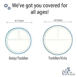 Elk and Friends 6.7&quot; Kids Porcelain White Plates with Silicone Sleeves | Divided Plates | Suitable for Kids/Toddlers | Microwave &amp; Dishwasher Safe | Non Slip | Snack Dishes
