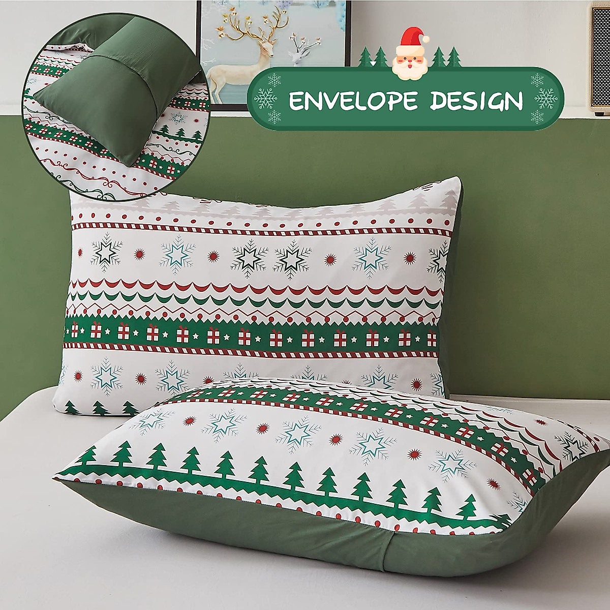 Cottolester Christmas Duvet Cover Queen Size Christmas Tree Snowflake Bedding Set Striped Duvet Cover Lightweight Soft Microfiber Bedding Set(Green,3PC)
