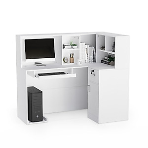 LEADZM L-Shaped Reception Desk with Counter, Front Desk with Lockable Drawers & Adjustable Shelf, Retail Checkout Counter for Beauty Salon Office, White (55.9" W x 18.9" D x 48" H)