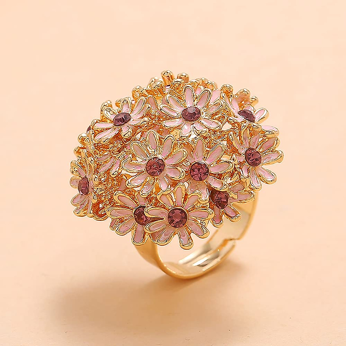 Exquisite Daisy Flower Statement Ring for Women Gold Plated Pink Cubic Zirconia Open Band Wrap Expandable Adjustable Big Finger Rings Comfort Fit Indian Style Exaggerated Mother's Day Jewelry