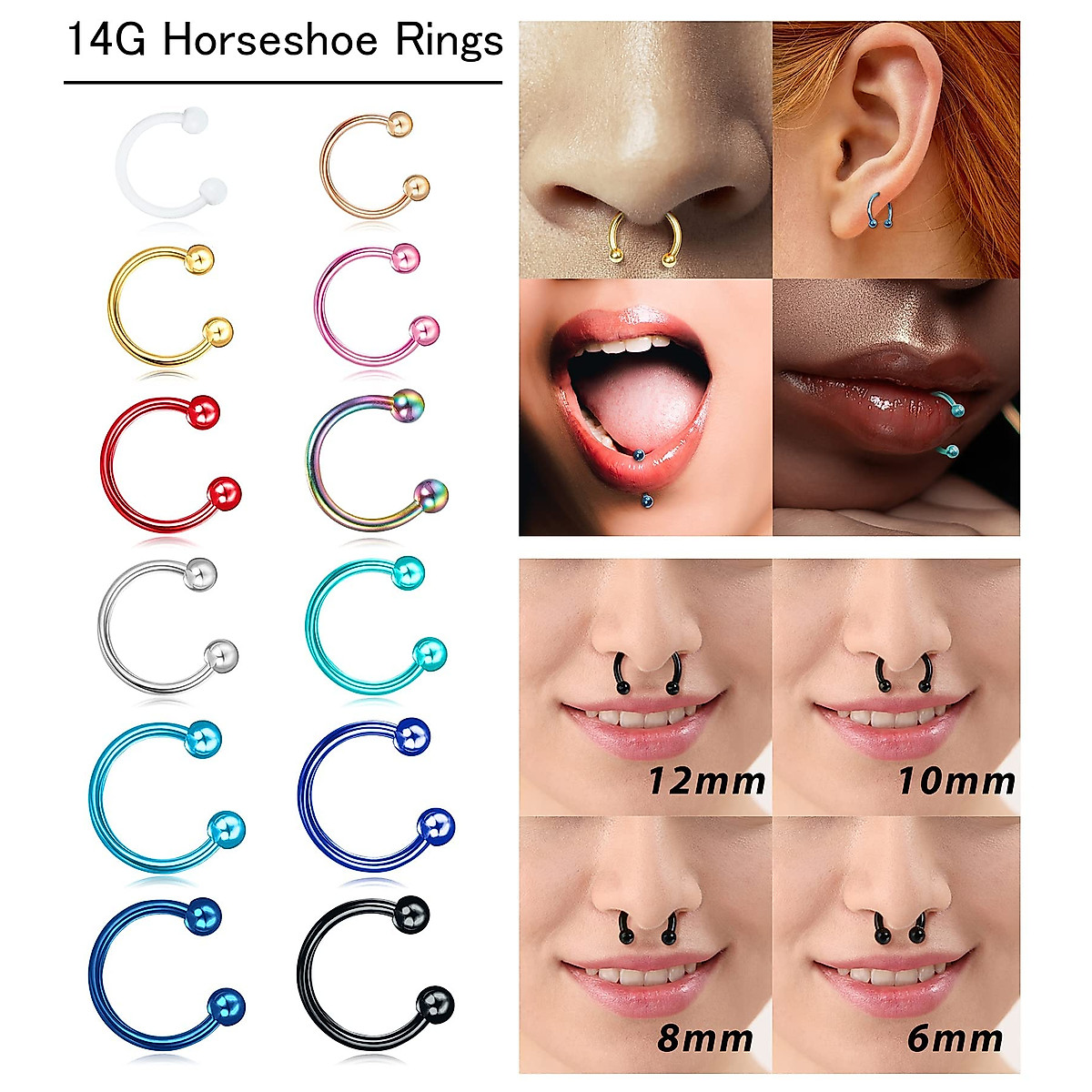 Sanfenly 48Pcs 14G Stainless Steel Horseshoe Nose Septum Rings Piercing Jewelry Cartilage Helix Tragus Earring Hoop Eyebrow Lip Hoop Piercing Ring for Women Men 6mm 8mm 10mm 12mm