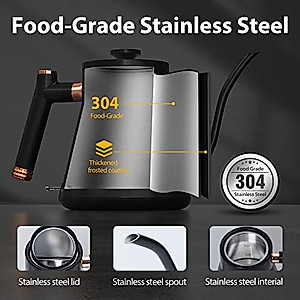 Aromaster Electric Gooseneck Kettle,Pour Over Coffee & Tea Kettle,Hot Water Kettle,1200 Watt Quick Heating 0.8L Kettle with Thermometer,100% Stainless Steel,Black