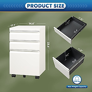 DEVAISE 3 Drawer Mobile File Cabinet with Lock, Under Desk Metal Filing Cabinet for Legal/Letter/A4 File, Fully Assembled Except Wheels, White