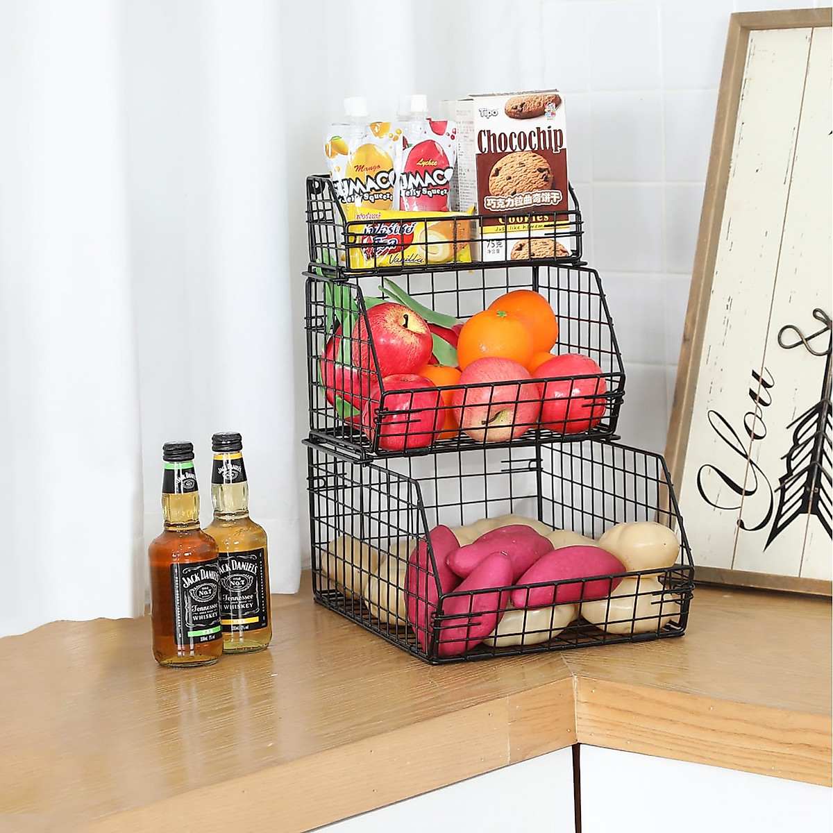 Yuzehuaza 3 Tier Fruit and Vegetable Basket Wall-Mounted & Countertop Organizer for Potato Onion Stackable Wire Baskets for Pantry Kitchen Cabinet for Produce Snack Canned Food Storage, Black