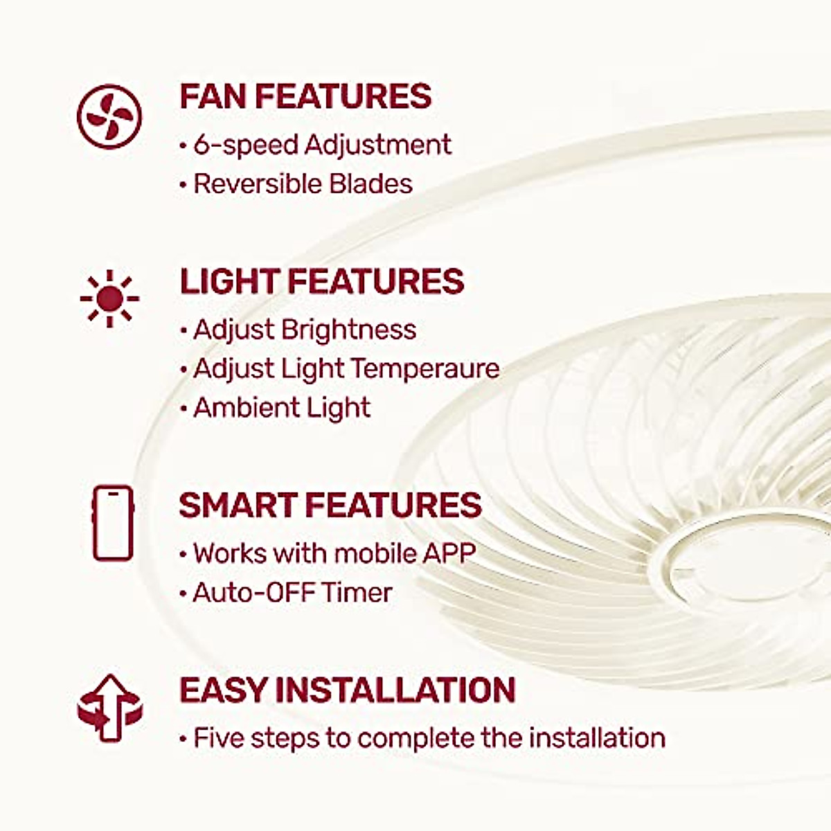 YANASO Upgraded Ceiling Fans with Lights - Low Profile Enclosed Ceiling Fan Bladeless, Remote & APP Control, 3 Colors Dimmable LED 6 Speeds (White)