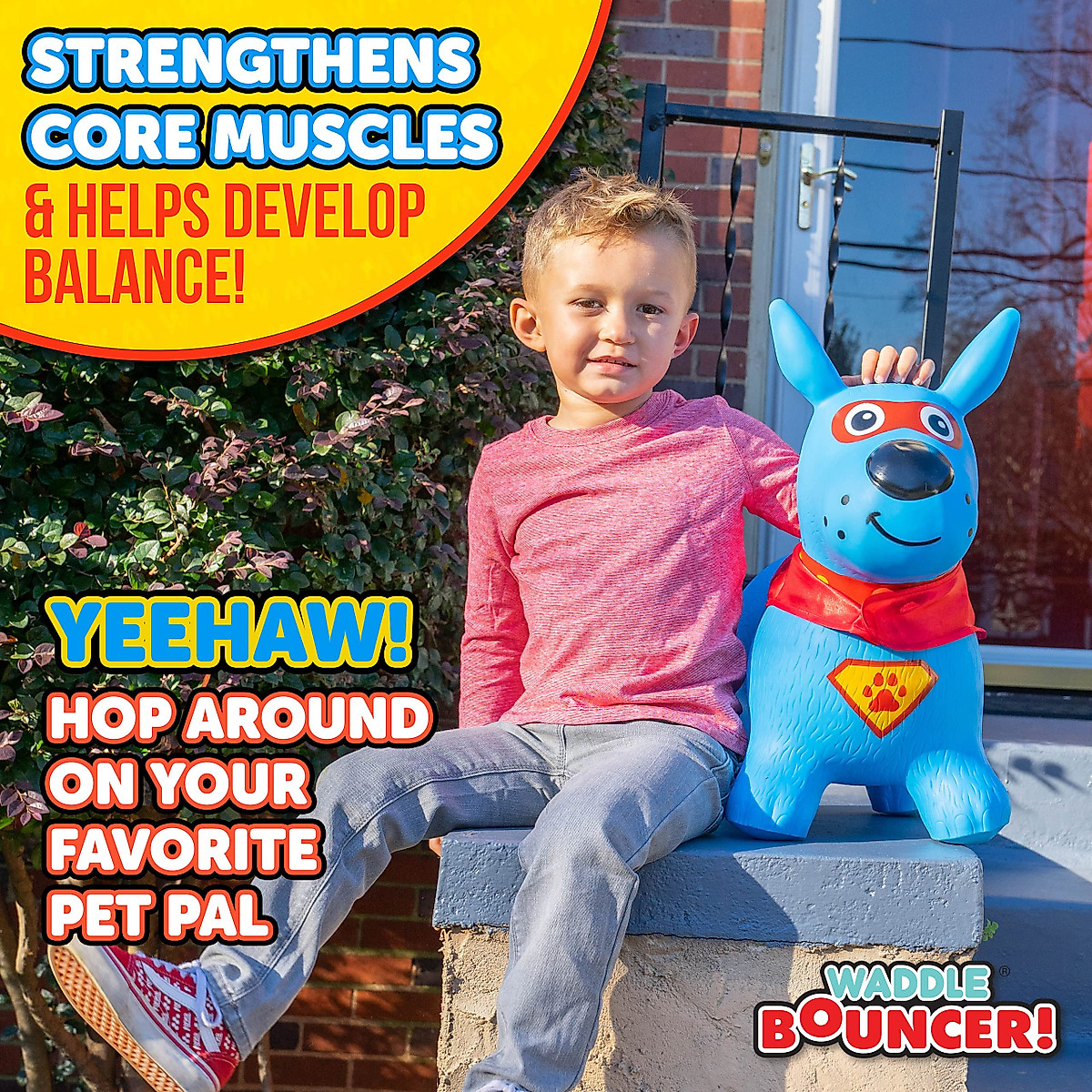 WADDLE Bouncy Hopper Inflatable Hopping Animal, Indoors and Outdoors Toy for Toddlers and Kids, Pump Included, Boys and Girls Ages 2 Years and U (Blue Super Hero Dog)