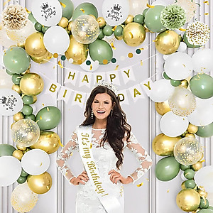 Sage Green Birthday Decorations, Olive Green and White Gold Party Balloons, Happy Birthday Banner, Sash, Circle Dots Garland, Pompoms, Paper Tassels for Women Men Girls Boys Birthday Decor