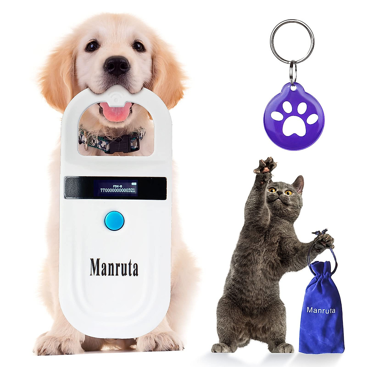 Manruta Pet ID Microchip Scanner and Reader Portable for Dogs and Cats ,134.2khz FDX-B ISO 11784/11785 with Microchip Collar Tag Gift