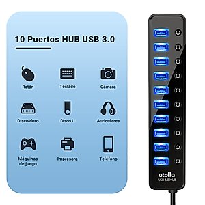 Powered USB 3.0 Hub, atolla 10 Ports USB Data Hub Splitter with Individual ON/Off Switches and 12V/2.5A Power Adapter USB Extension for Mouse, Keyboard, Hard Drive or More USB Devices