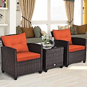 RELAX4LIFE 3 Piece Patio Furniture Set, Wicker Bistro Conversation Set w/2 Cushioned Armchairs & Glass Topped Table, Outdoor Rattan Sofa Set Patio Furniture for Porch Balcony Poolside (Orange)
