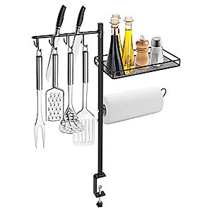 Caddy Grill Organizer, 3-in-1 Grill BBQ Caddy with Outdoor Towel Holder, BBQ Condiment Caddy and Knife Holder with Double Row Hook, Grill Utensil Caddy for Outdoor Grill, Camping, Kitchen Storage Tool