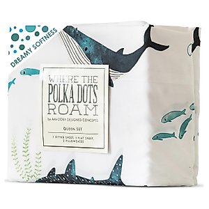 Where The Polka Dots Roam Nautical Ocean Full Bedding Set - 4 Piece Super Soft Kids Bed Set with Fitted Sheet, Flat Sheet, and Pillowcases - Underwater Sea Creatures Design for Boys Girls Room Décor