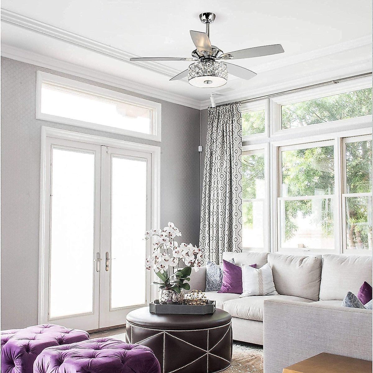 Parrot Uncle Ceiling Fans with Lights and Remote 52 Inch Chandelier Ceiling Fan with Light for Bedroom, Reversible Motor, 3 Speeds, Timer, Silver