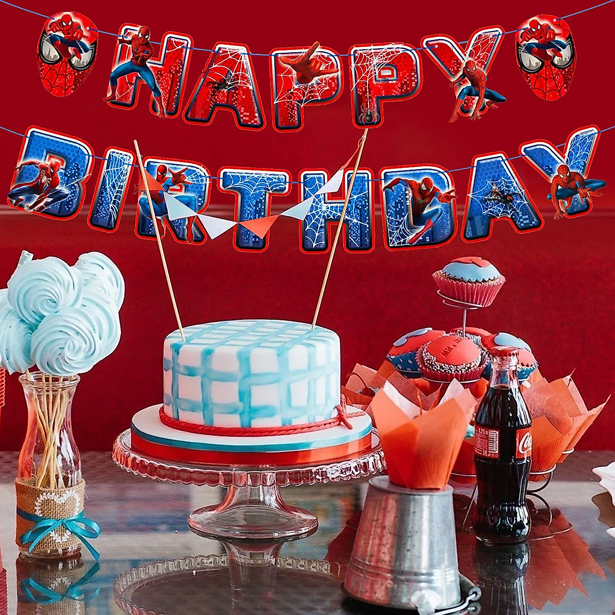 Cartoon Happy Birthday Banner Kawaii Birthday Party Decorations for Girls Boys Kids Teens Colorful Birthday Banners Cute Superhero Theme Happy Birthday Party Supplies