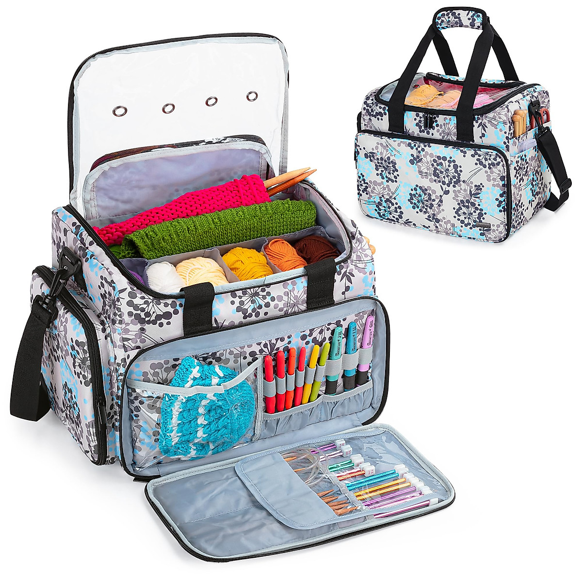 Teamoy Knitting Bag, Yarn Storage Bag Tote, Travel Yarn Organizer with Foldable Inner Dividers for Yarn, Crochet Hook, Knitting Needles(Up to 13.5"), Project and Supplies, Dandelion