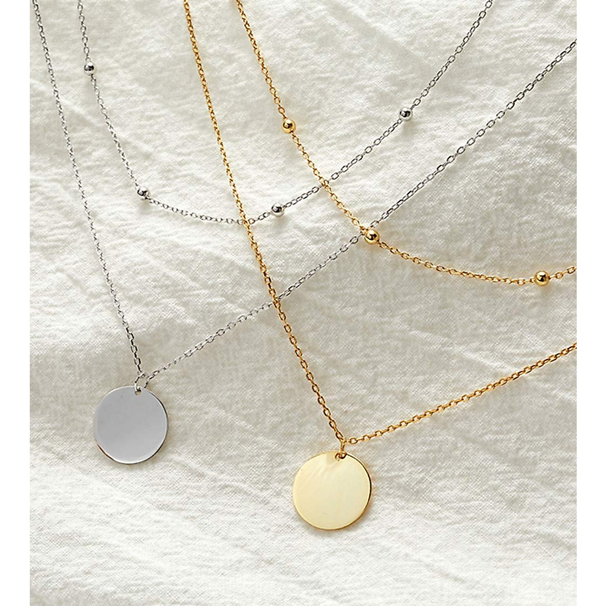 Layered Disc Pendant Choker Necklace for Women 925 Sterling Silver 18K Gold Dainty Full Moon Circle Coin Collar Two-Double Chain Fashion Y Jewelry Best Box Birthday Wedding (silver)