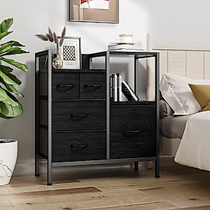 Furnulem Dresser for Bedroom Organization Fabric Dresser Units with 5 Storage Drawers Sturdy 2 Tier Shelf Large Space Dresser Bedroom Dresser for Hallway Entryway Dorm Black