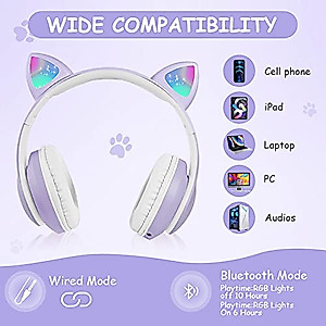 AXFEE Kids Headphones, Cat Ear Kids Bluetooth Headphones, LED Light Up Over Ear Kids Wireless Headphones with HD Stereo Sound 105dB Volume Limited, Foldable Over-Ear Headphone for PC/Pad/School-Purple