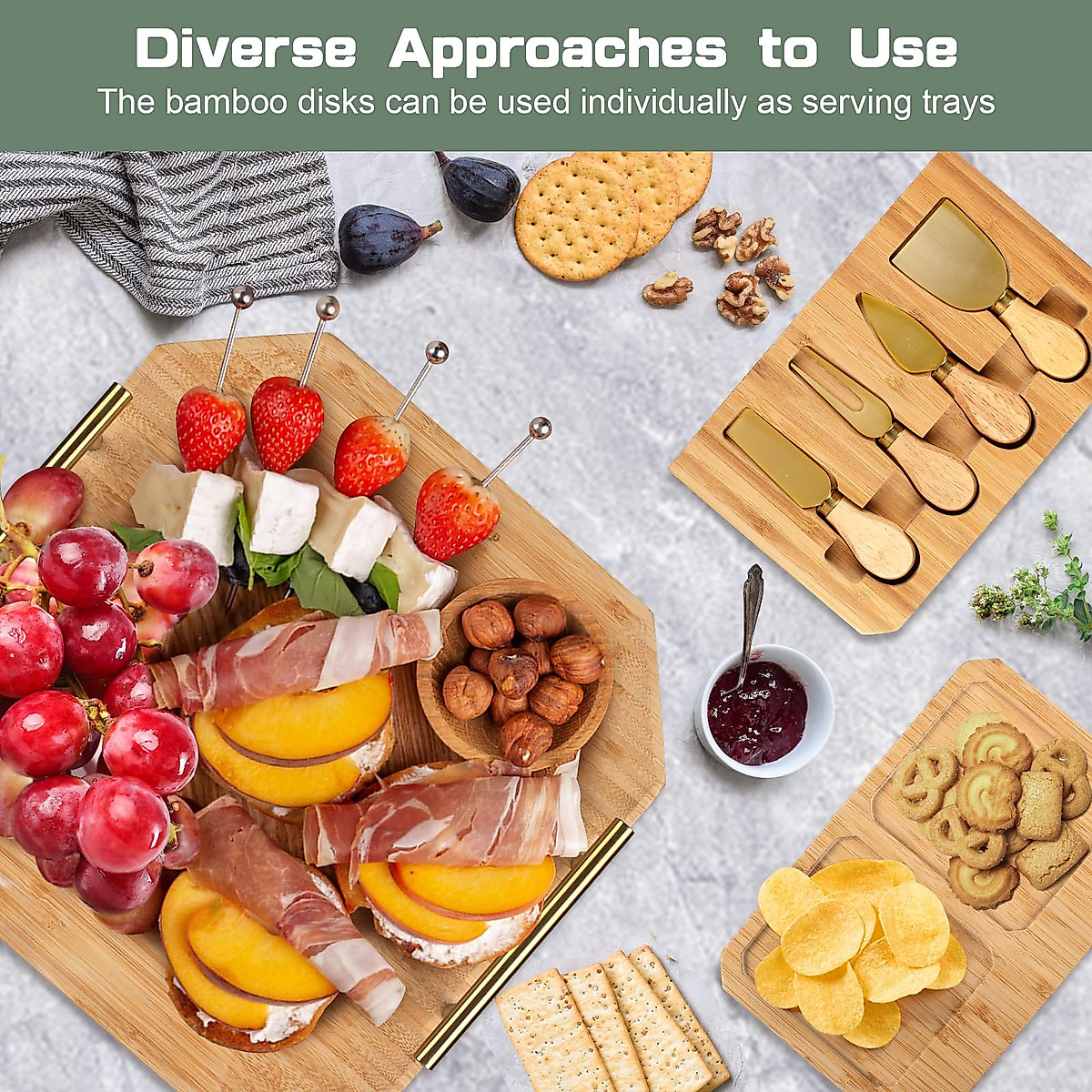 Parmedu Bamboo Cheese Board Set: Appetizer & Cheese Platter Serving Tray Charcuterie Board Set with Forks and Knives & Ergonomic Metal Handles & Exquisite Package - Nice Gift and Choice for Wedding