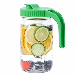 Mason Jar Pitcher With Pour Spout Handle Lid 32 OZ Wide Mouth Glass Pitcher 1 Quart Leak Proof Airtight Jugs With Flip Cap For Iced Coffee, Sun Tea, Lemonade, Cold Brew Tea, Milk