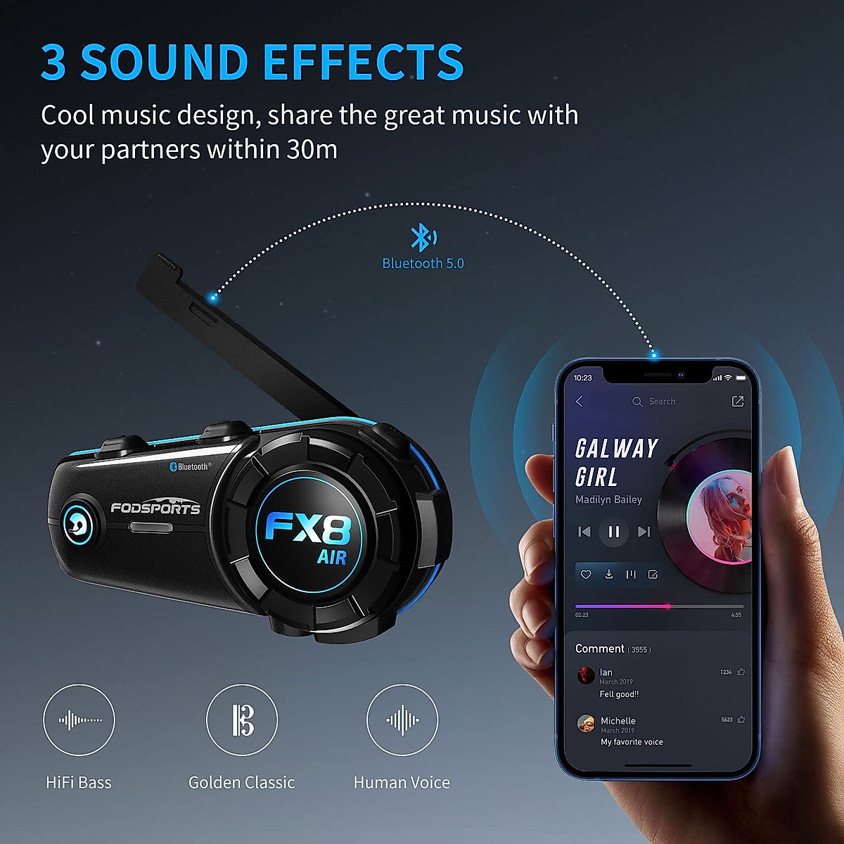 Fodsports FX8 AIR Motorcycle Bluetooth Headset, 1000M Motorcycle Communication Systems with 3 Sound Effects, Hands-Free Helmet Intercom with CVC Noise Cancellation, IP65 Waterproof, FM Radio, 1 Pack