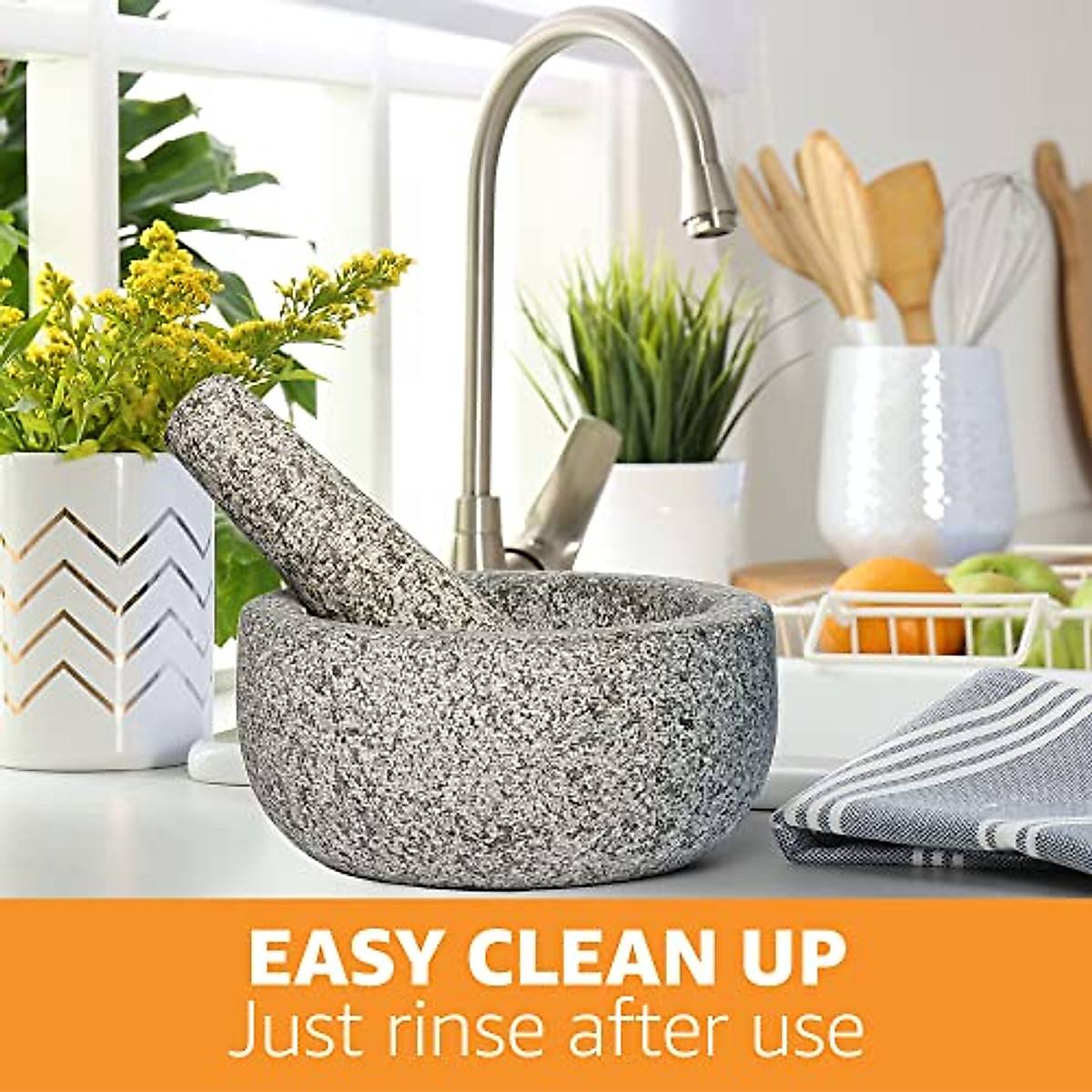 Heavy Duty Large Mortar and Pestle Set, Hand Carved from Natural Granite, Make Fresh Guacamole, Salsa, Pesto, Stone Grinder Bowl, Herb Crusher, Spice Grinder, 6.3" Wide, 2 Cup, Grey