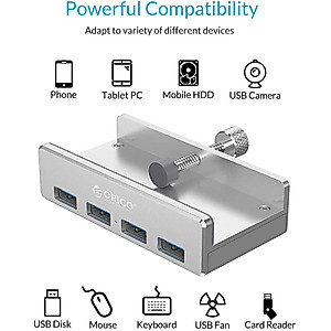 ORICO USB 3.0 Hub Clamp Adapter, Aluminum 4-Port USB Splitter with Extra Power Supply Port and 4.92 FT USB Data Cable, Ultra-Portable USB Expander for 2021 iMac/Laptop/PC