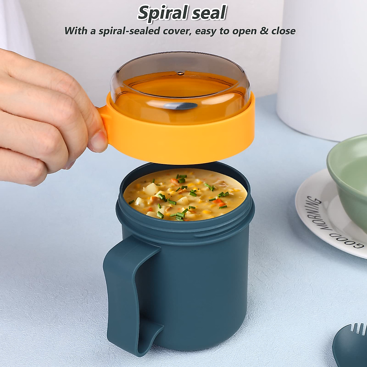 DOITOOL Soup Mug with Lid and Scoop Microwavable Soup Mug Hot Soup To Go Containers Portable Cereal Cup with Cover For Soup, Noodle, Cereal and More (Blue)