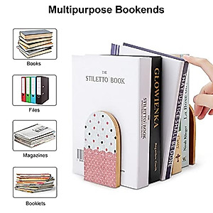 2 Pack Wood Bookends,Polka Dots On Pink and Gray Decorative Book Ends Support for Shelves Desktop Organizer Wooden Bookshelf for Home School Office