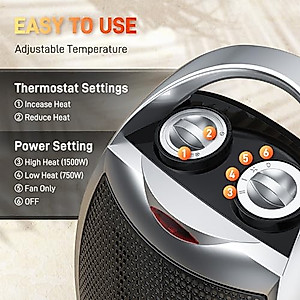 Rintuf Small Space Heater, 1500W Electric Heater, PTC Fast Heating Ceramic Heater w/ 3 Modes, Adjustable Thermostat, Overheat/Tip-Over Protection, Portable Heater for Office Room Desk Indoor Use