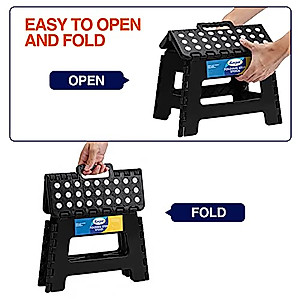 Korpai 9" Folding Step Stool for Adults and Kids Holds Up to 300 lbs,Non-Slip Folding Stools with Portable Handle, Compact Plastic Foldable Step Stool for Bathroom,Bedroom, Kitchen,Black, 1PC