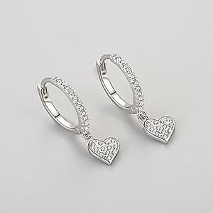 CZ Love Heart Dangle Hoop Earrings 925 Sterling Silver Sparkling Crystal Rhinestone Small Huggie Hoops Cartilage Earring Dangling Drop Hinged Earringfor Women